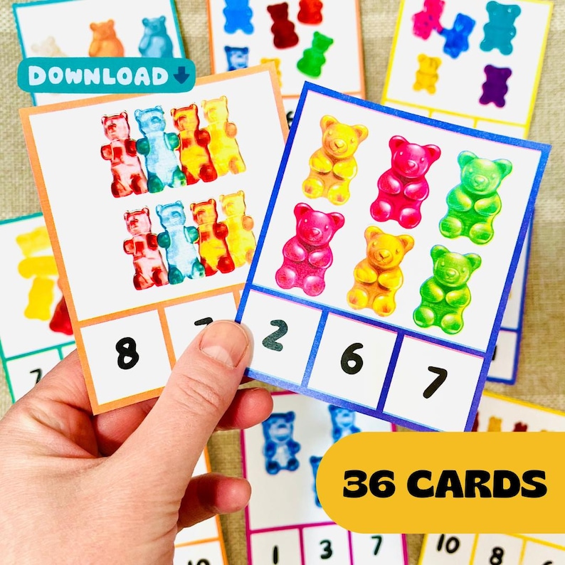 Count and Clip Gummy Bears Number Recognition Cards, Math Games Clip ...