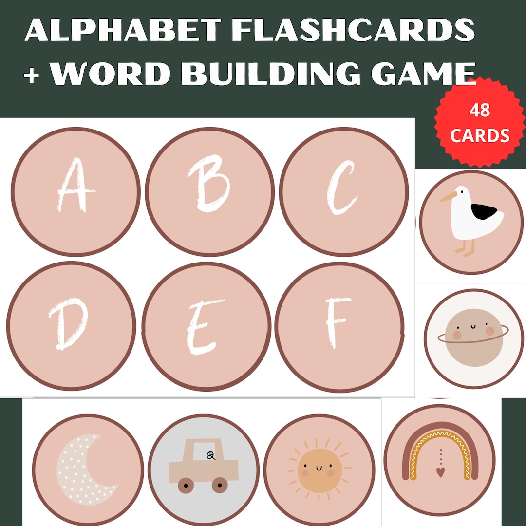 Alphabet Flash Cards With Word Buliding Idea Cards ABC Flashcards Round ...