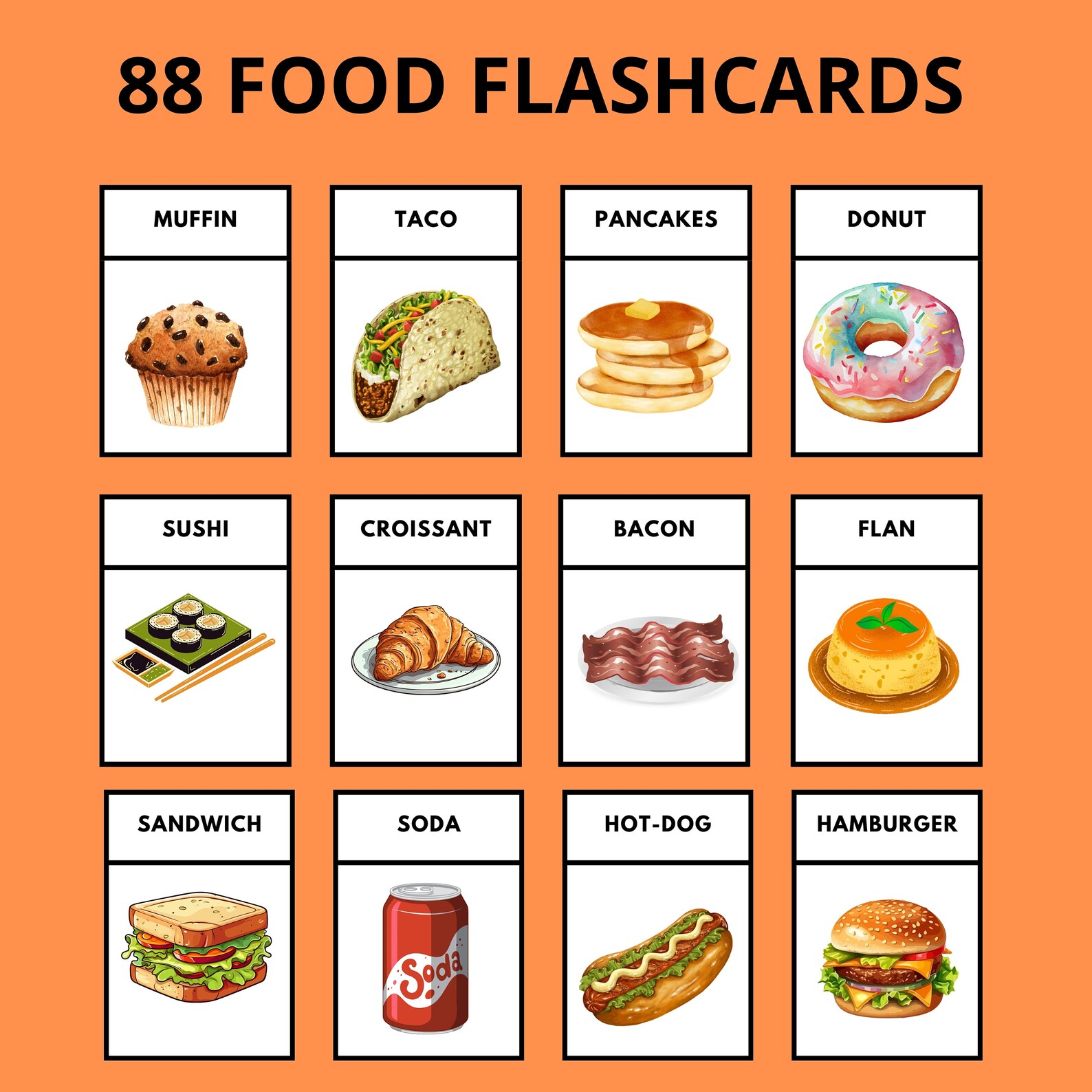 88 FOOD Flashcards 3 Part Nomenclature Cards for Homeschool and ESOL ...