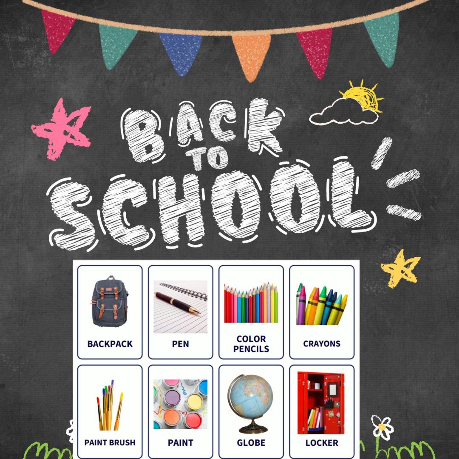 School Objects Vocabulary Flash Cards, English Vocabulary ESL Classroom ...