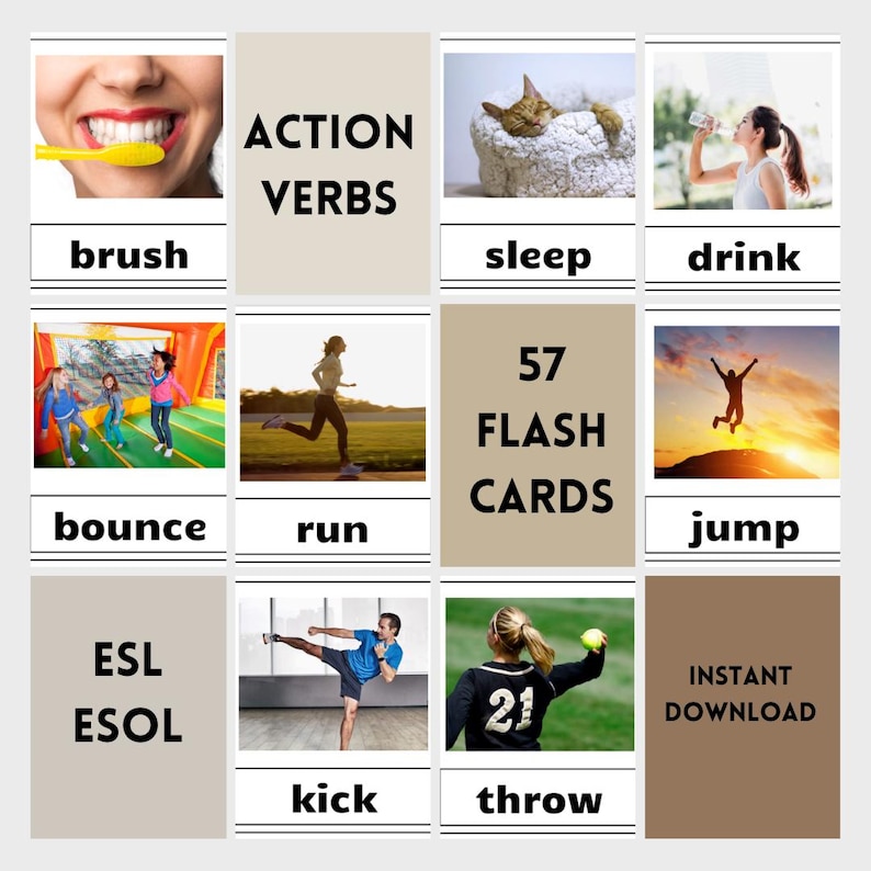 ACTION VERB Flash Cards, ESL Vocabulary Real Pictures, Parts of Speech ...
