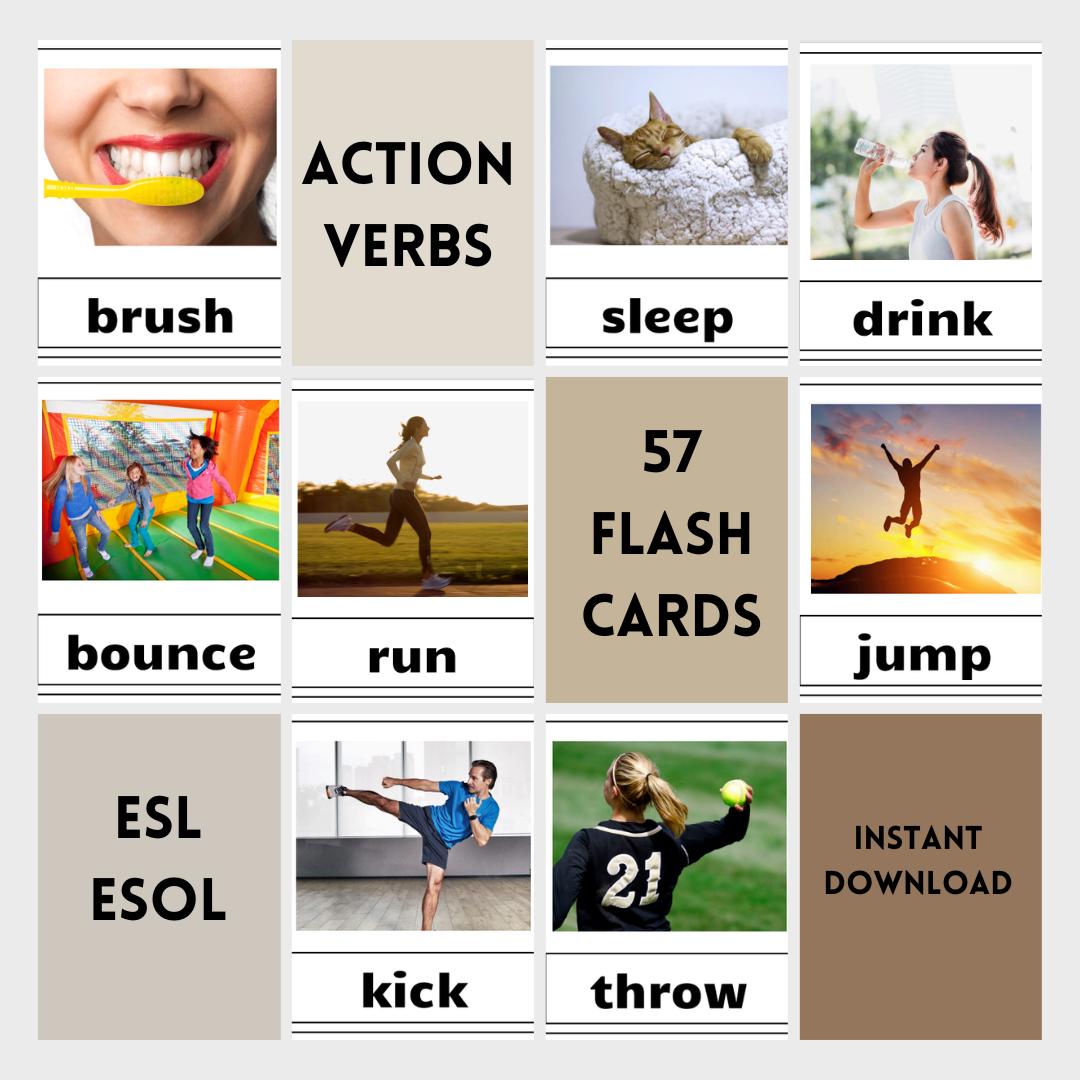 ACTION VERB Flash Cards, ESL Vocabulary Real Pictures, Parts of Speech ...