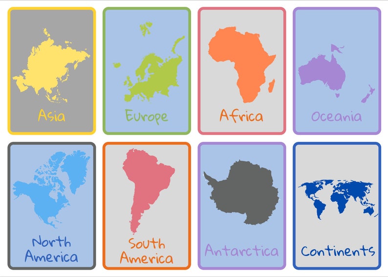 Continents Flash Cards Country by Contient Continents Cards Geography ...