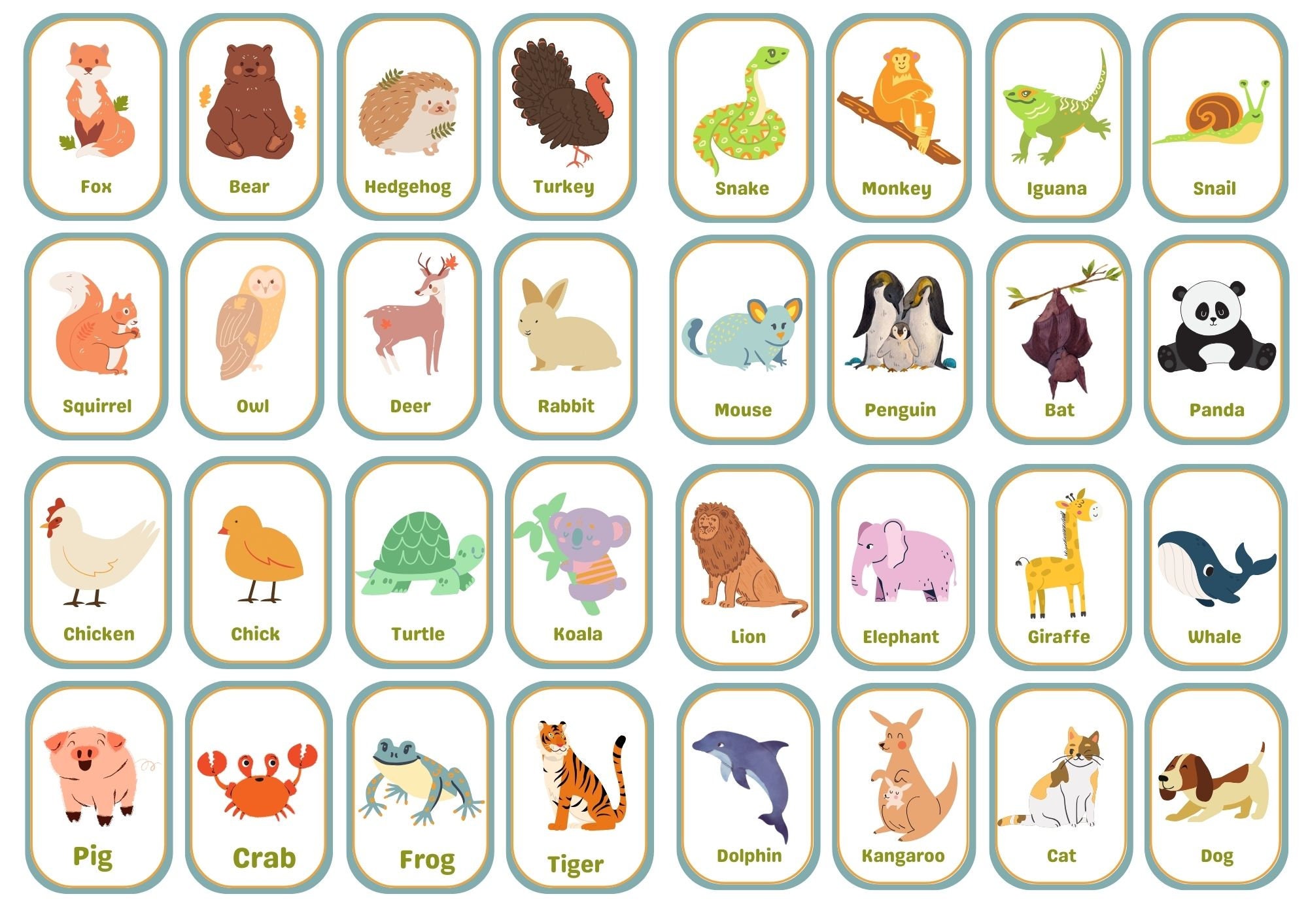 32 Printable Animal Flashcards for Kids Animals Image Cards Montessori ...