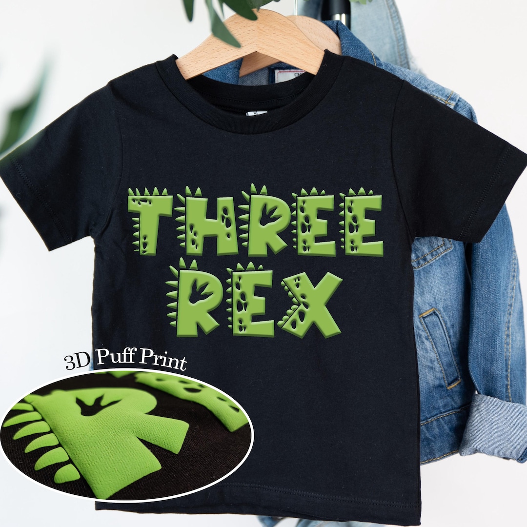 3D Puff Print, Three Rex Birthday Shirt, 3rd Dinosaur Birthday Tee ...
