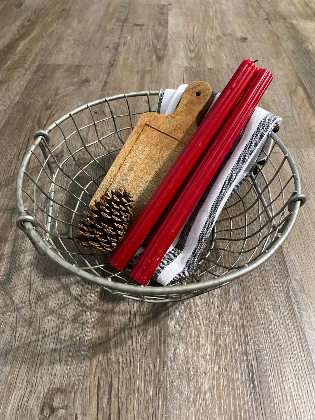 Metal Wire Farmhouse Basket, Open Wire Basket, Vintage Metal and Wood ...