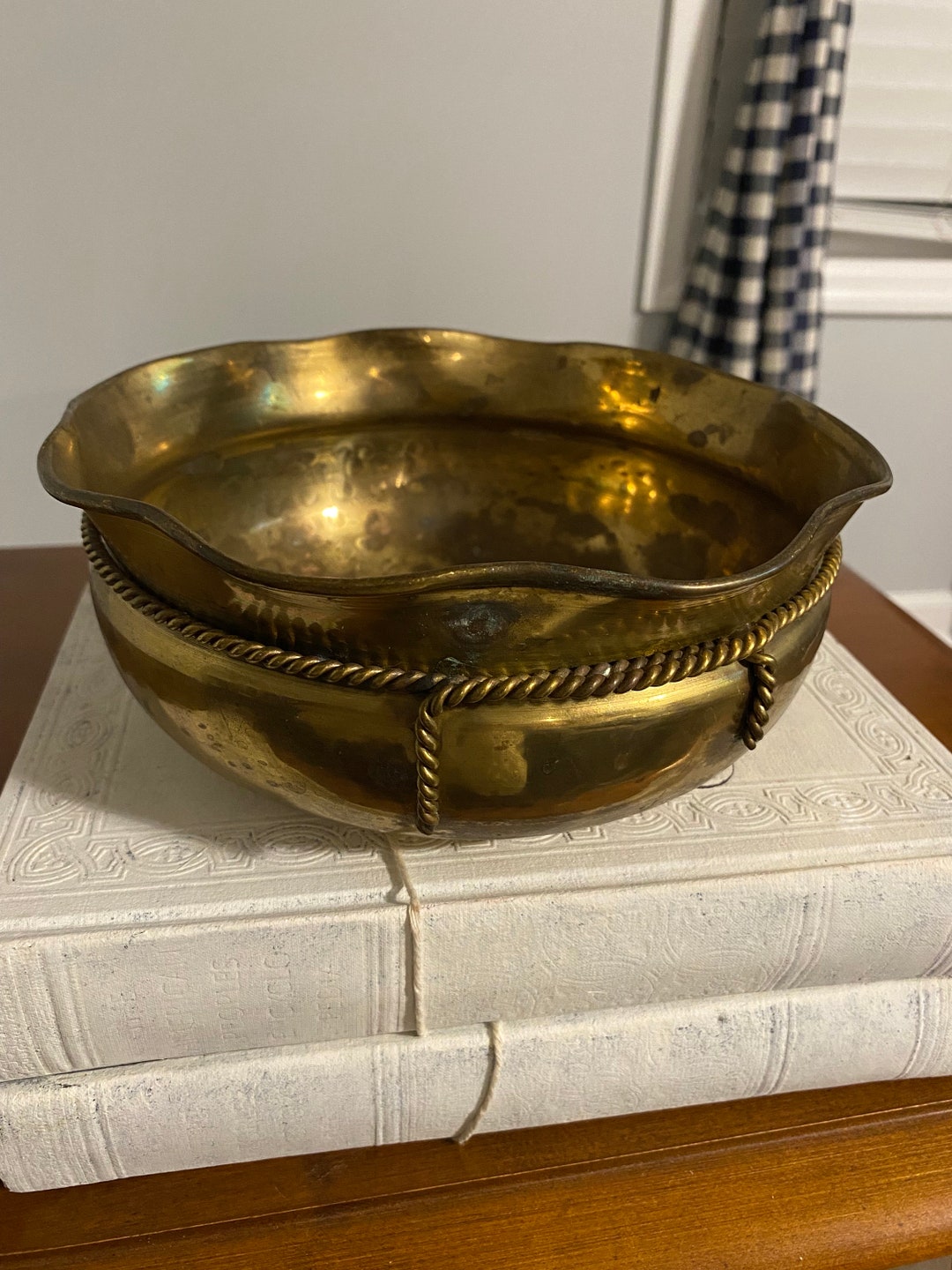 Vintage Hammered Brass Pot With Braided Rope Design, Brass Hammered ...