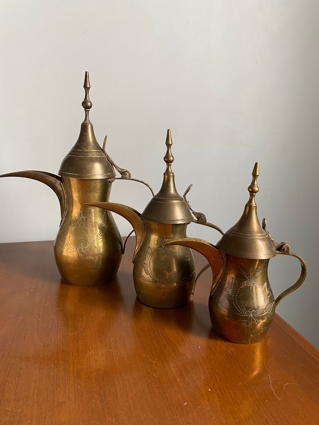 Vintage Brass Dallah Coffee Pot, Etched Brass Flower and Leaf Designs ...