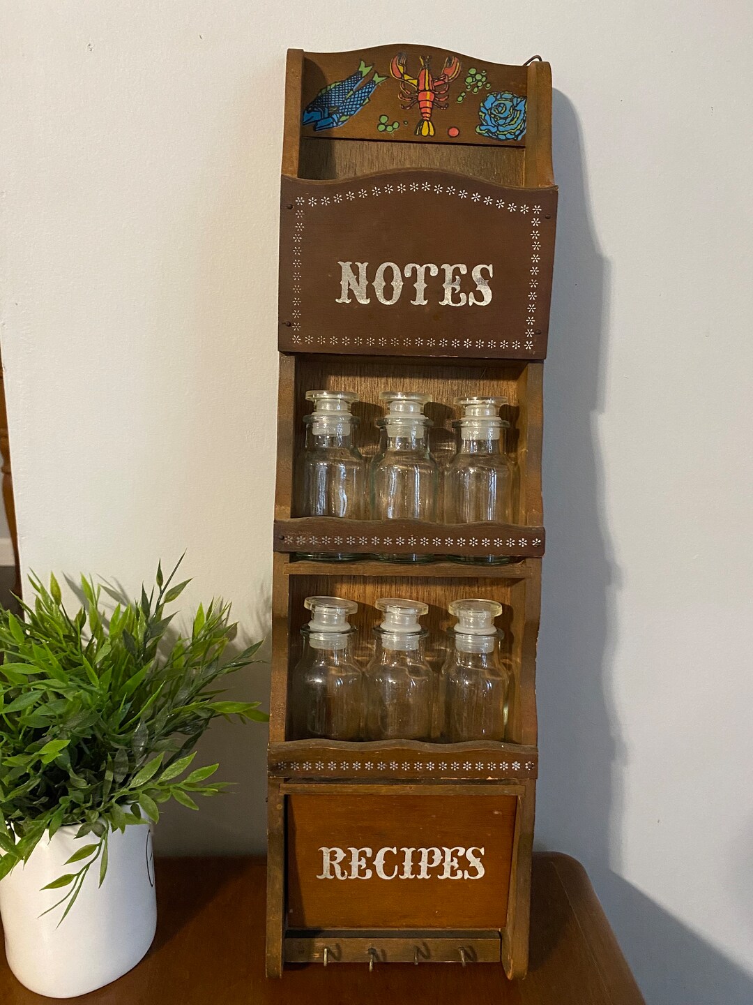 Spice Rack With Painting and Jars, Vintage Wood Spice Rack Recipe File ...