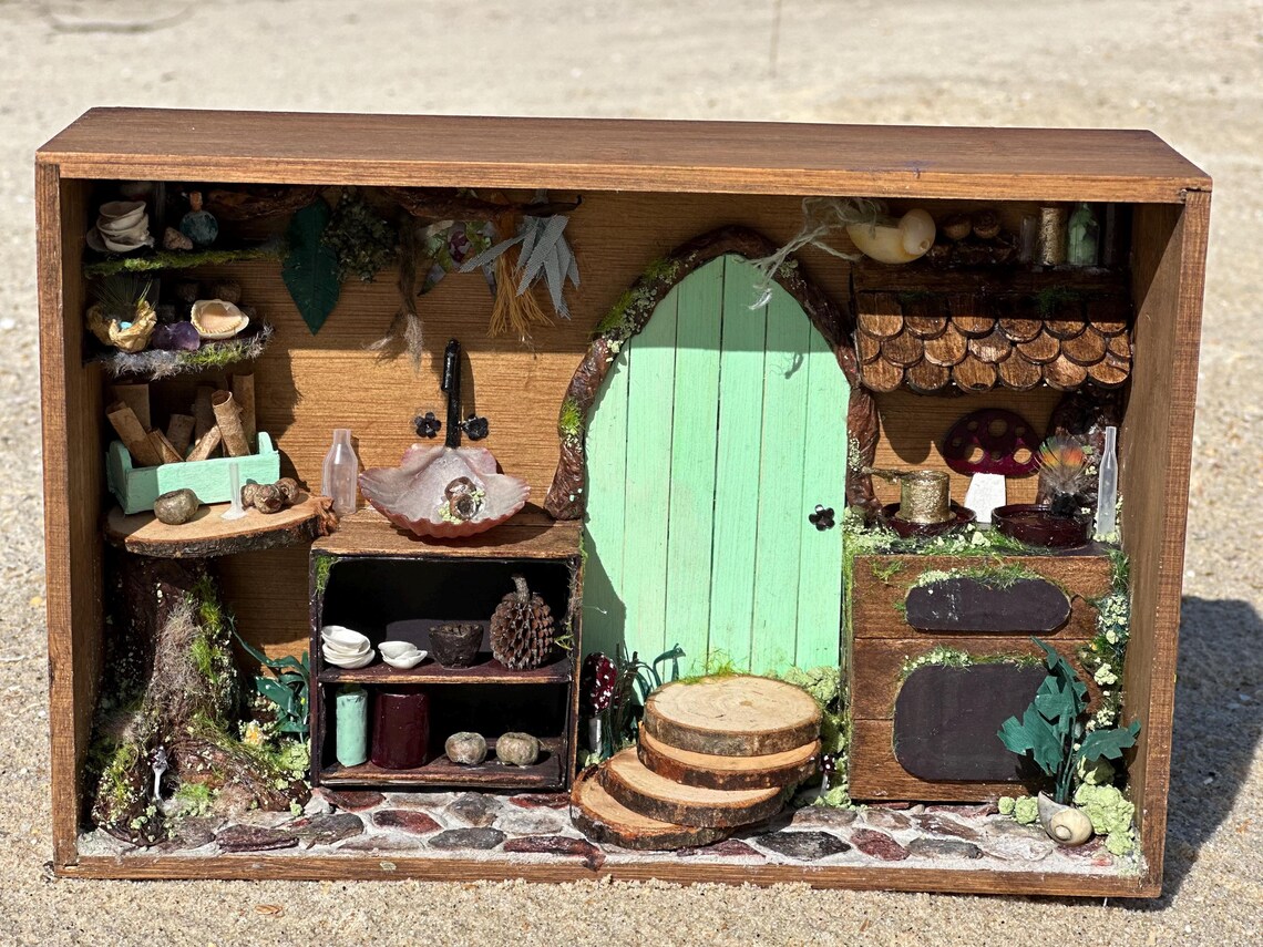 Fairy House Kitchen With Green Fairy Door | Handmade Fae Booknook ...