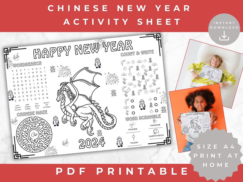 Kids Printable Chinese New Year Activity Sheet, Year of the Dragon 2024 ...