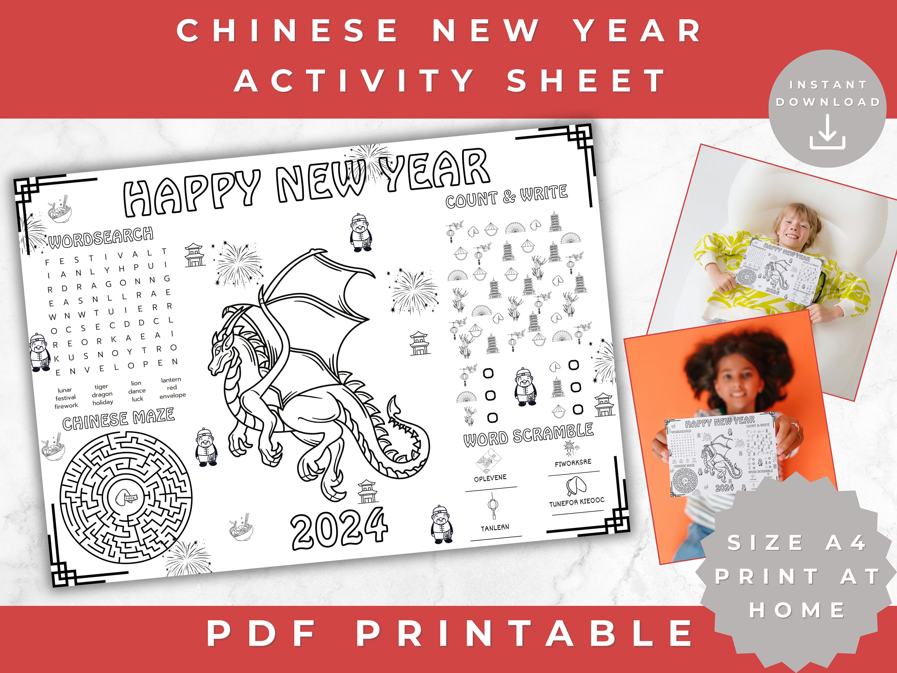 Kids Printable Chinese New Year Activity Sheet, Year of the Dragon 2024 ...