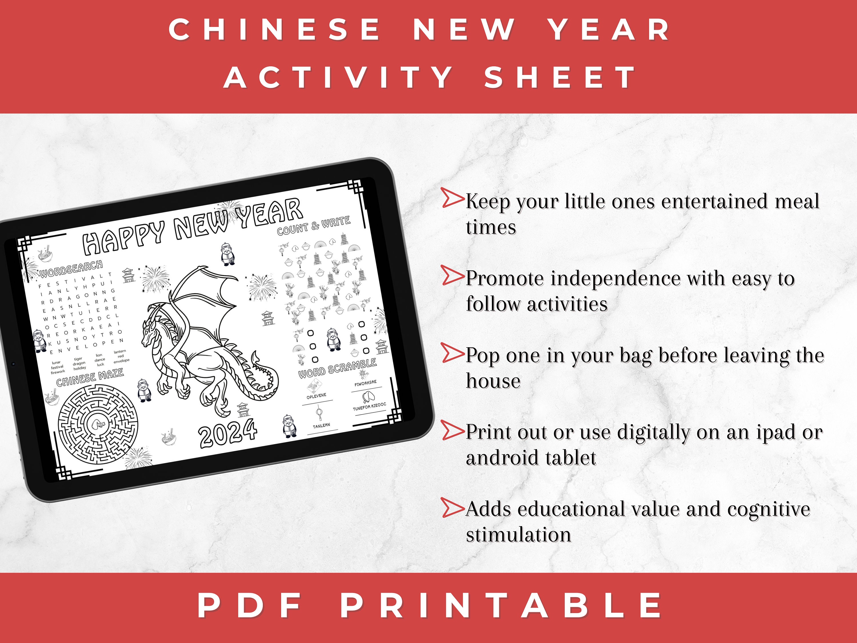 Kids Printable Chinese New Year Activity Sheet, Year of the Dragon 2024 ...