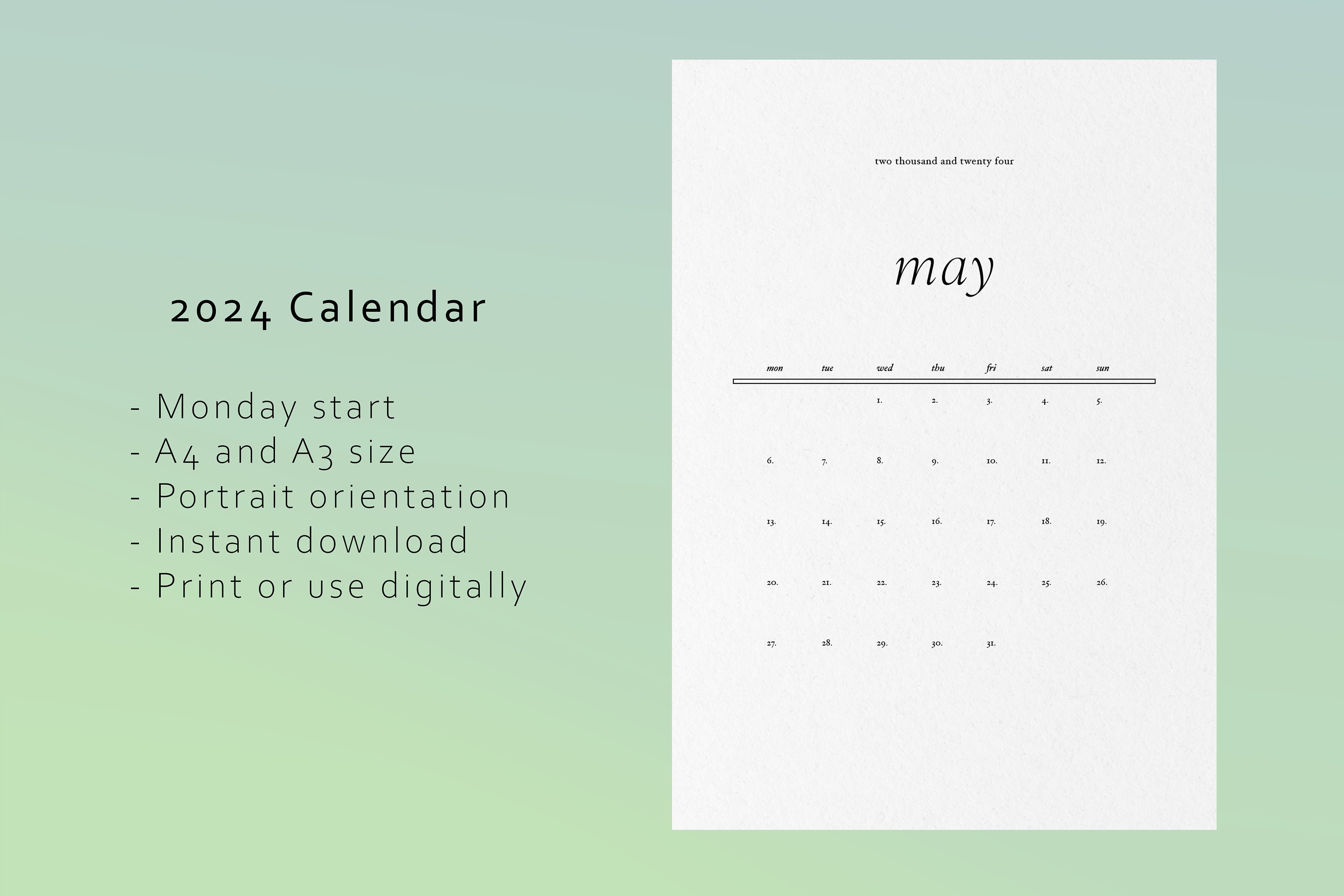 CLOVER 2024 CALENDAR Monday Start Portrait A4/A3. Aesthetic - Etsy