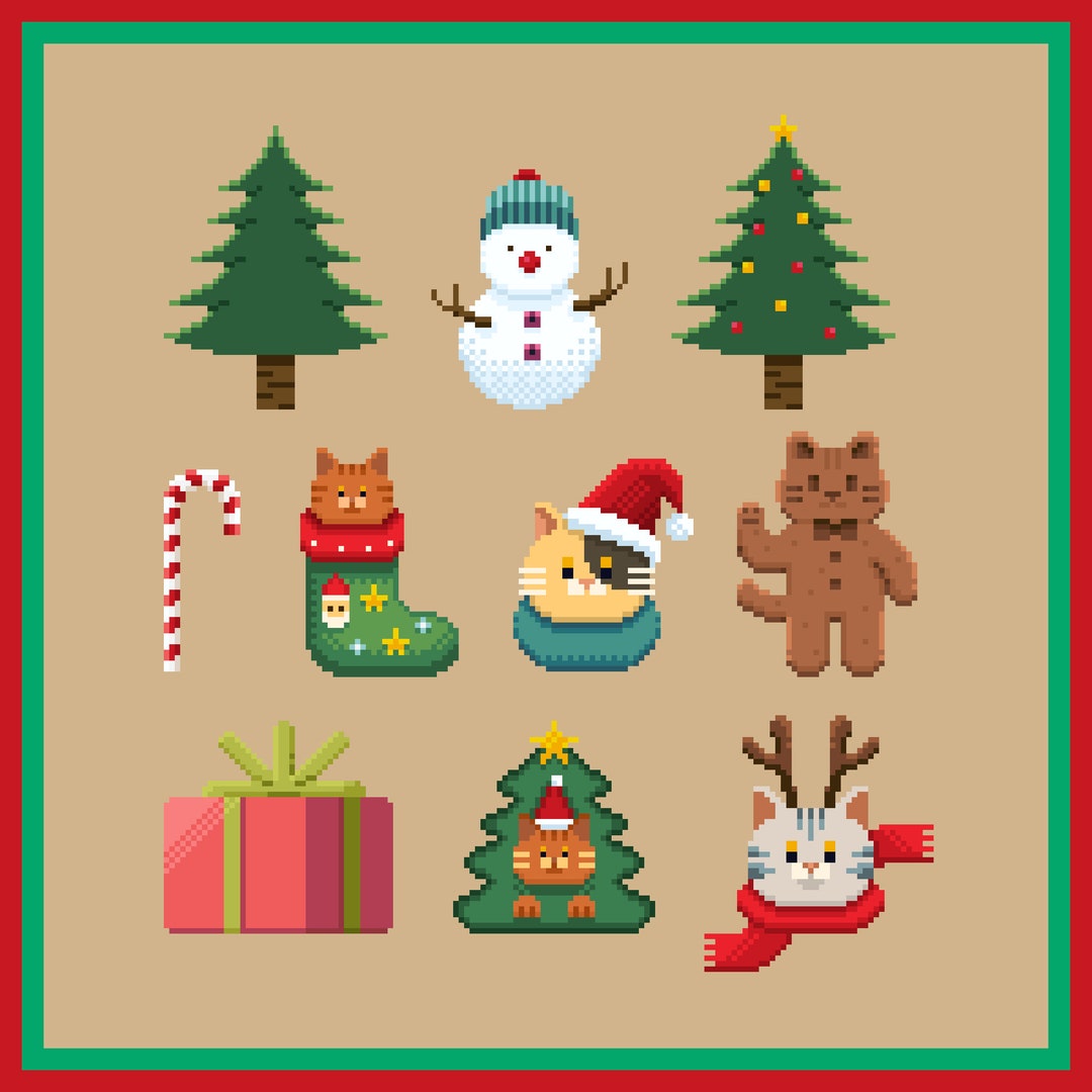 Pixel Art : Marry Christmas Cat Digital Set - Etsy