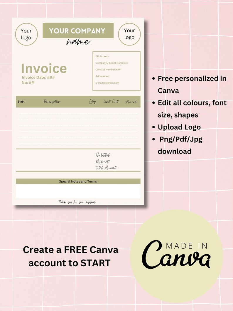 Invoice Template Editable Template Edit in Canva - Etsy