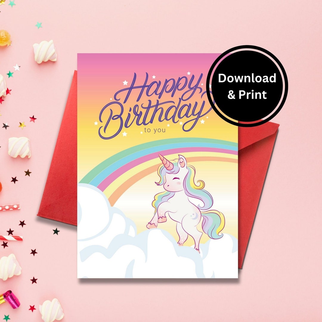 Printable Unicorn Birthday Card, Birthday Card for Kids, Instant ...