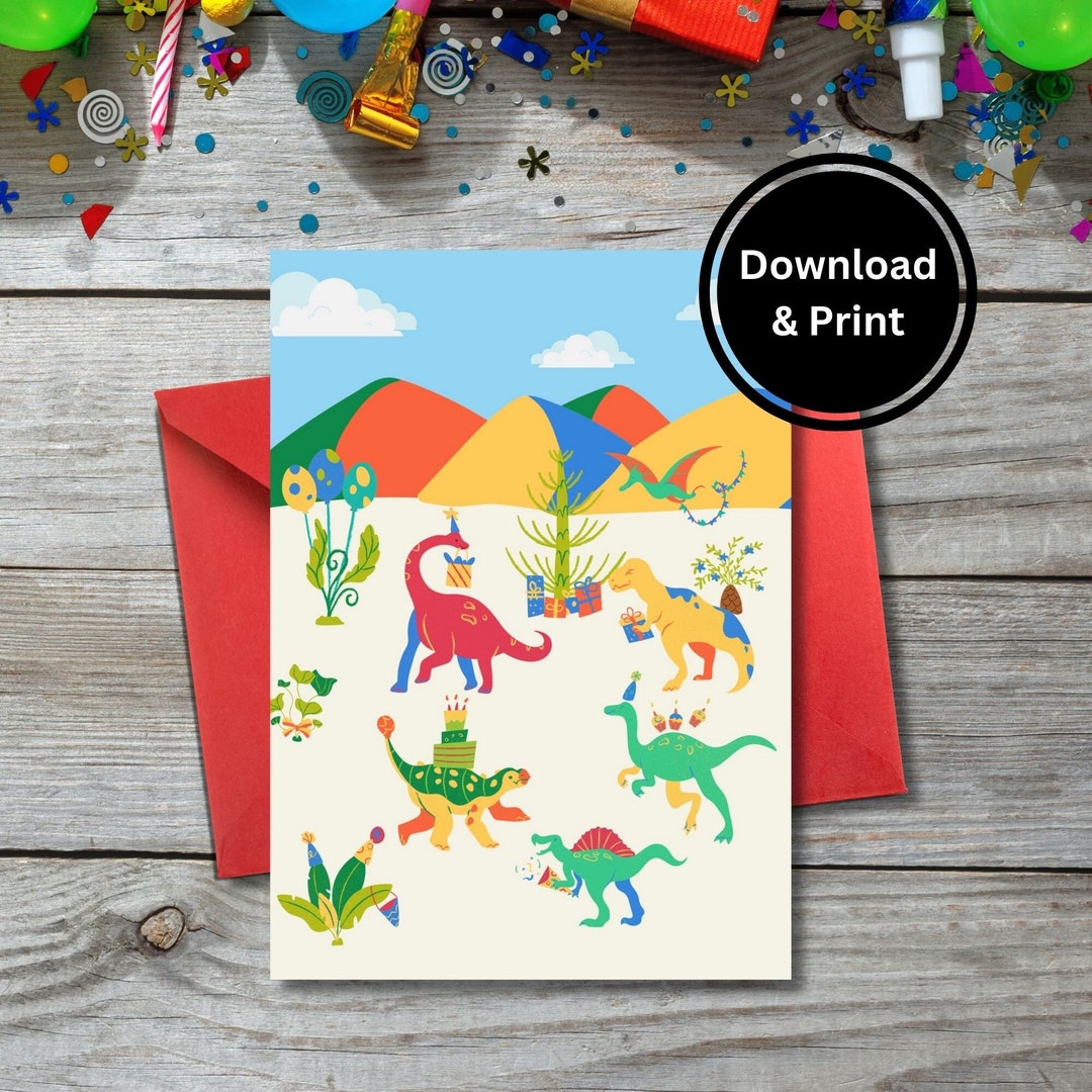 Printable Birthday Card With Dinosaurs, Birthday Card for Kids, Instant ...