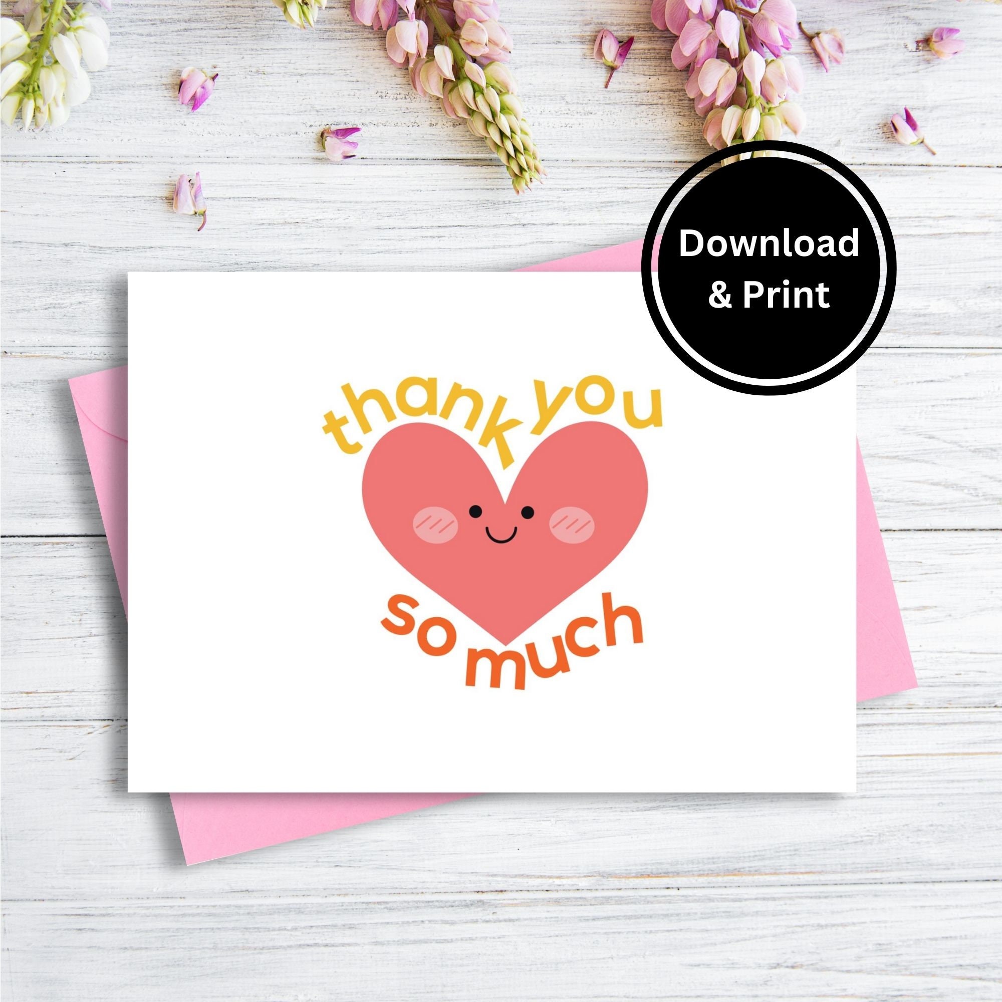 Cute Heart Thank You so Much Card, Printable Thank You Card, Instant ...