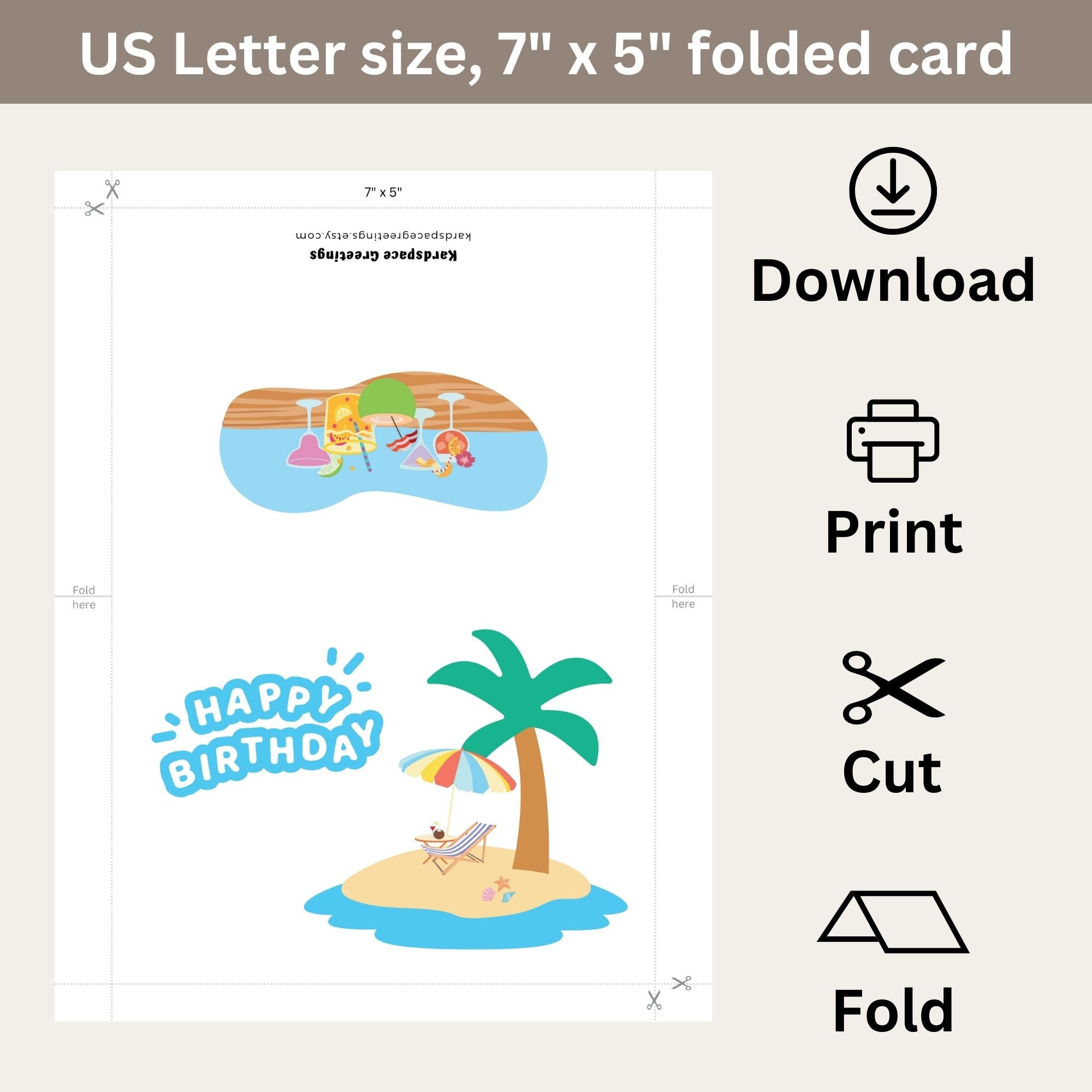 Printable Birthday Card With Tropical Island, Instant Download PDF ...