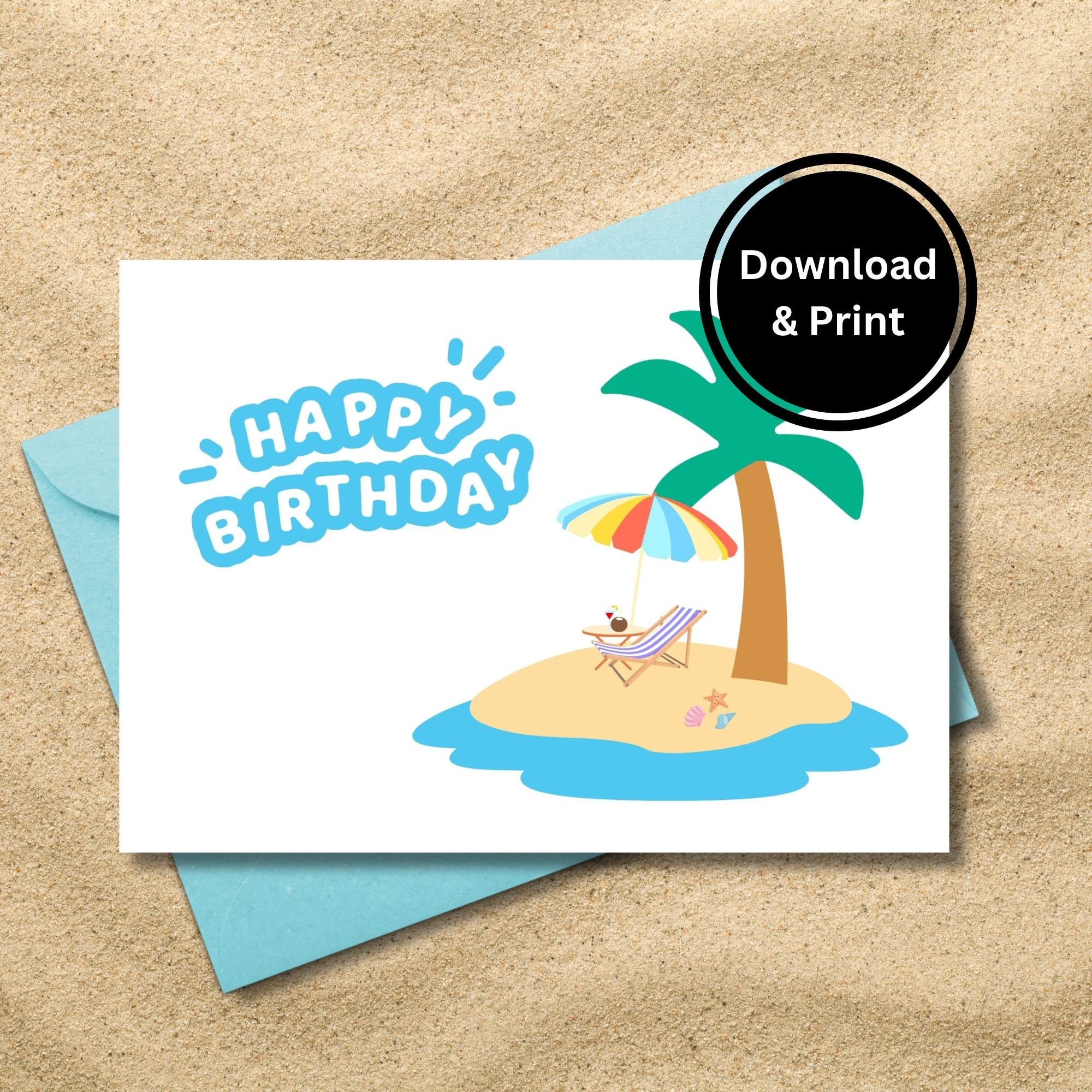 Printable Birthday Card With Tropical Island, Instant Download PDF ...