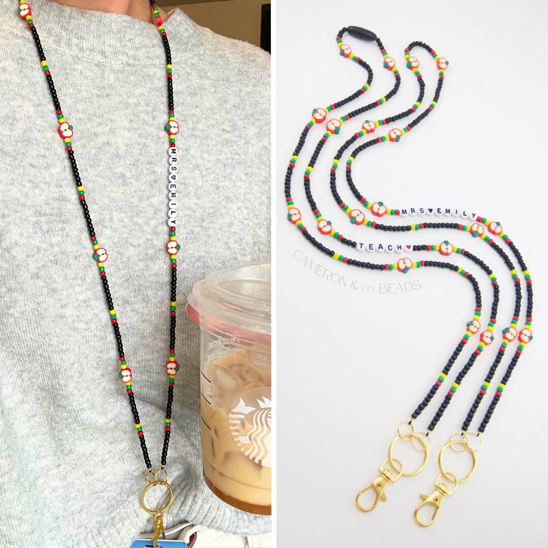 Teacher Apple Lanyard, Customizable Beaded Lanyard, Black & Apple Lanyard, Personalized Gift, ID ...