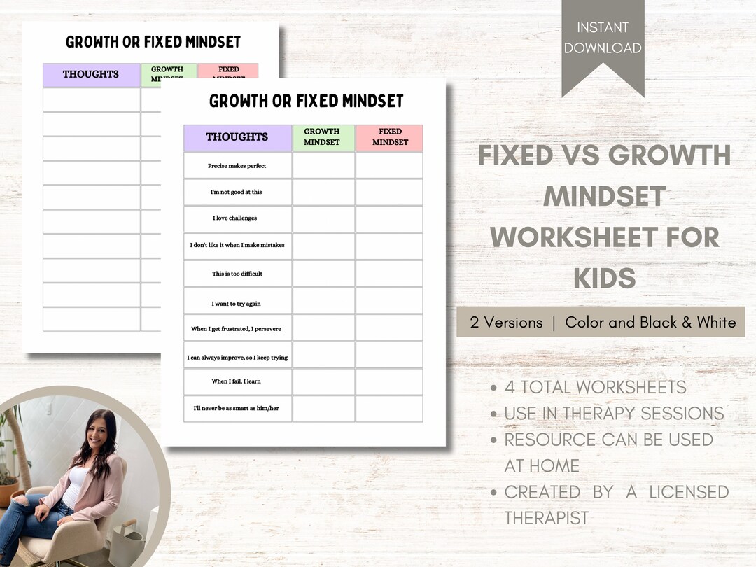 Child Therapist Anxiety Worksheet Growth Vs Fixed Mindset Anxiety ...