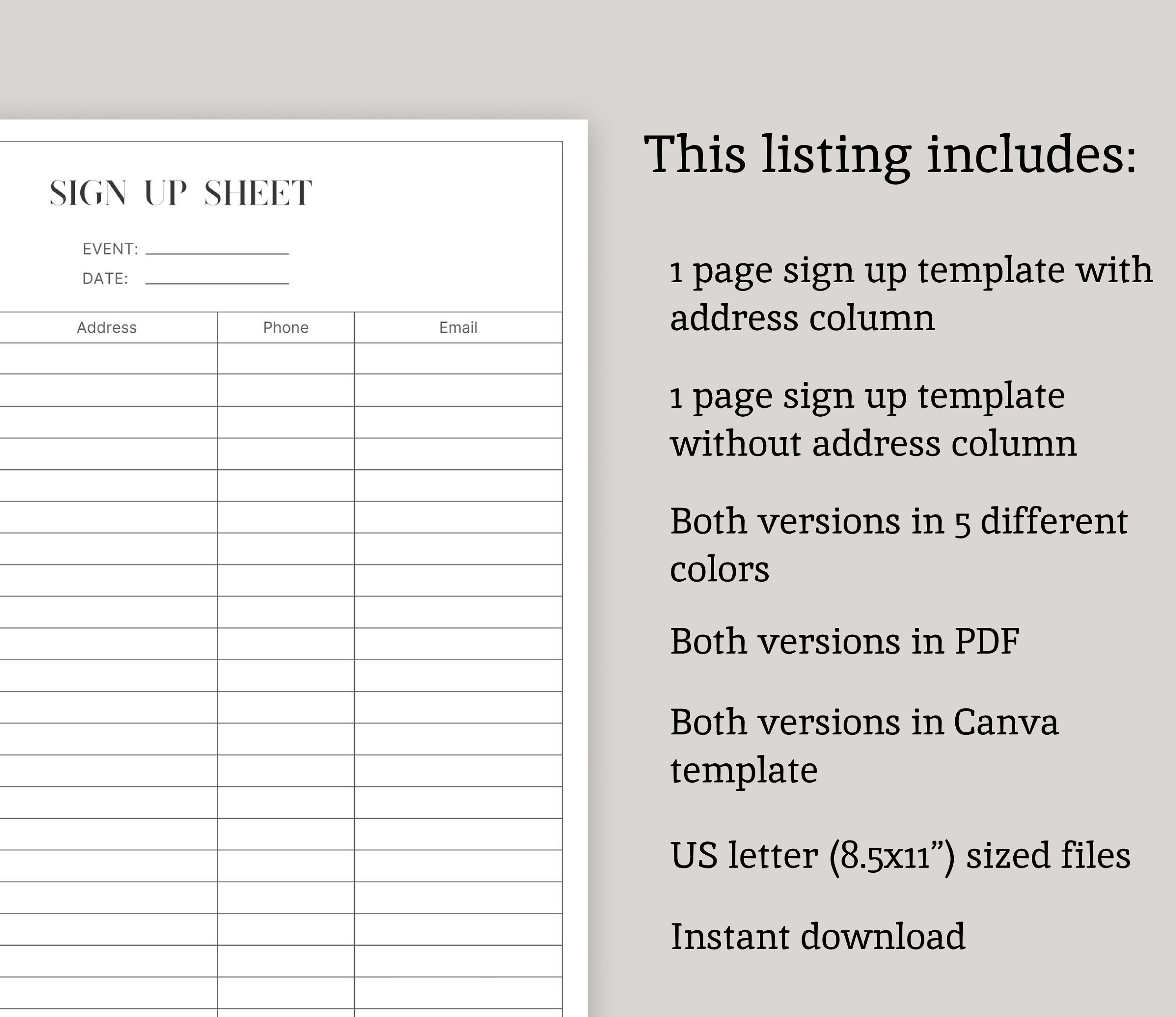 Sign up Sheet Template Fully-editable in Canva Printable Sign up Form ...