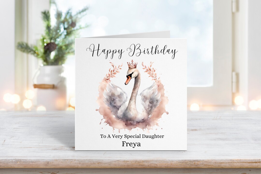 Personalised Swan Birthday Card, Pink Greetings Card, Cute Tiara Card ...