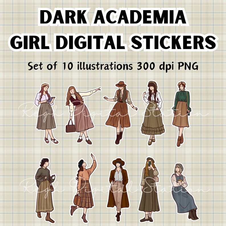 Dark Academia Stickers Digital Girl Stickers Set of 10 Digital - Etsy