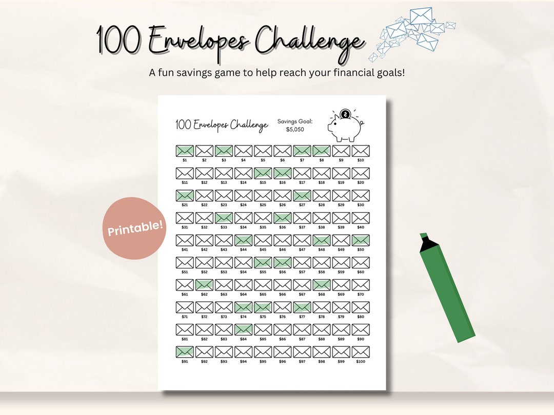 100 Envelope Challenge Printable, Fun Money Saving Game, Savings ...