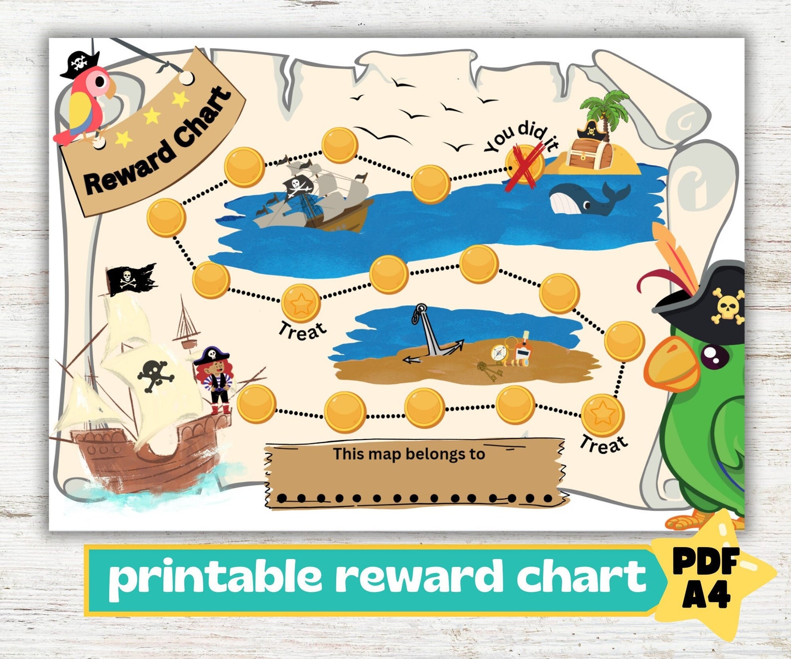 Kids Treasure Map Reward Chart, Potty Chart Printable, Pirate Reward ...