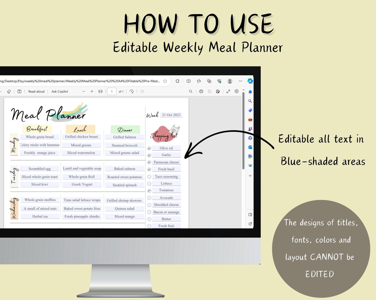 Editable Weekly Meal Planner, Weekly Meal Planner, Fillable Weekly Meal ...