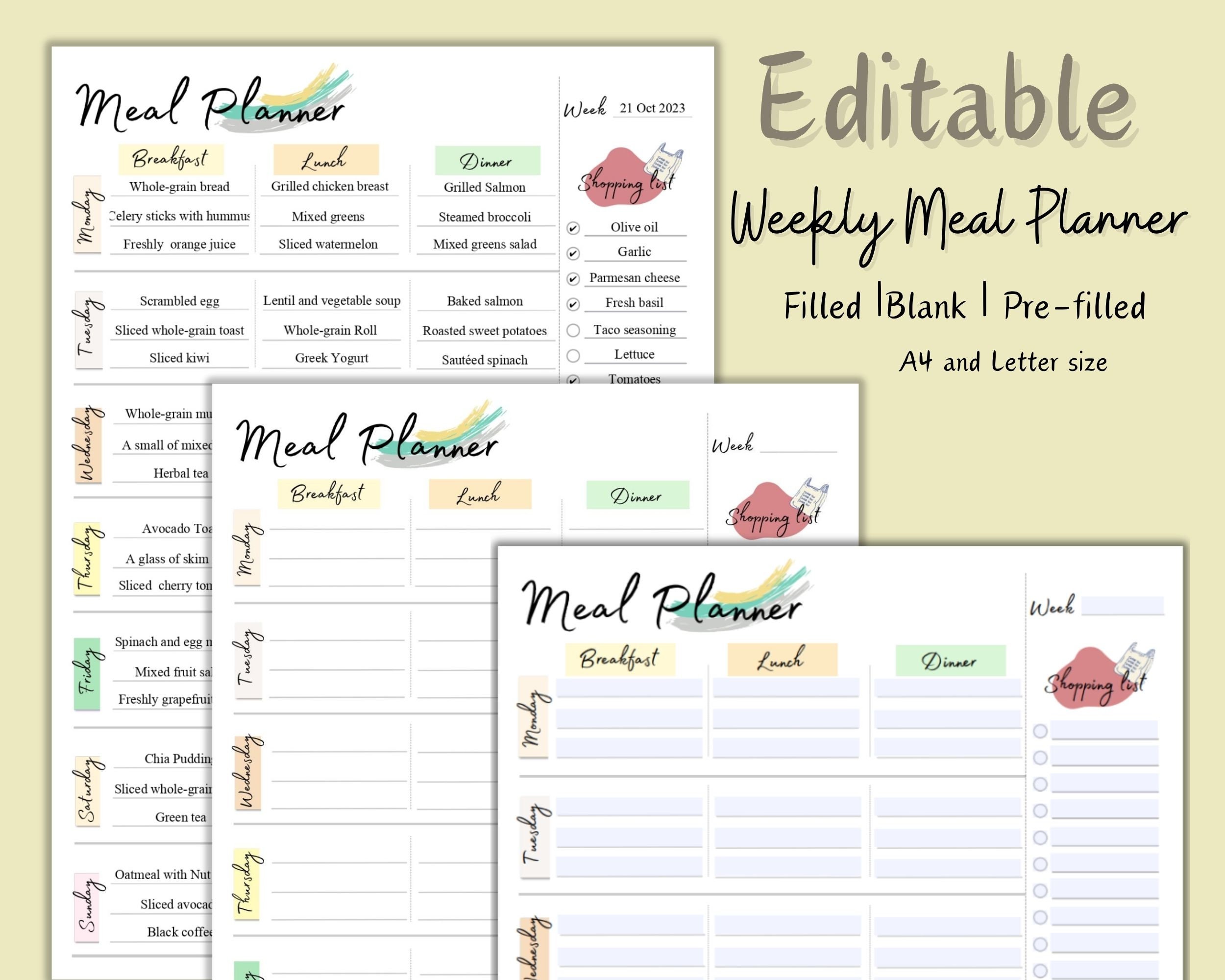 Editable Weekly Meal Planner, Weekly Meal Planner, Fillable Weekly Meal ...