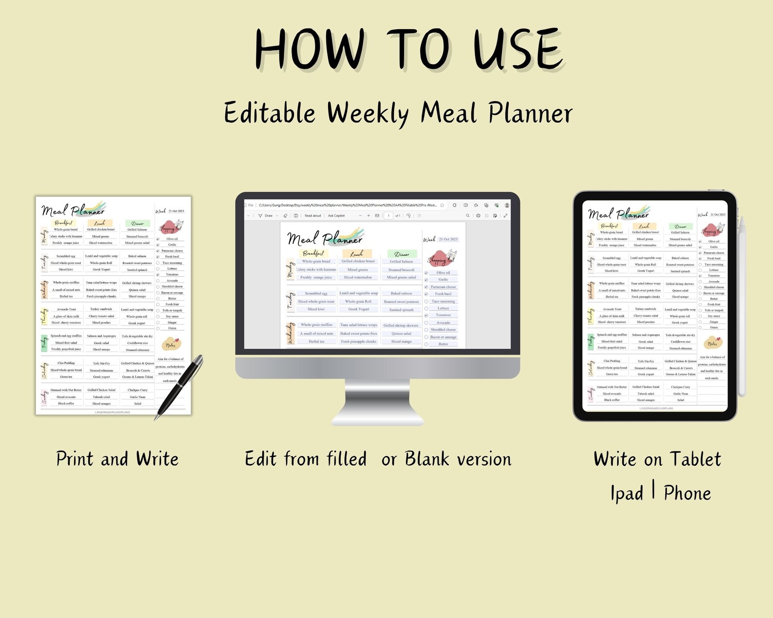 Editable Weekly Meal Planner, Weekly Meal Planner, Fillable Weekly Meal ...