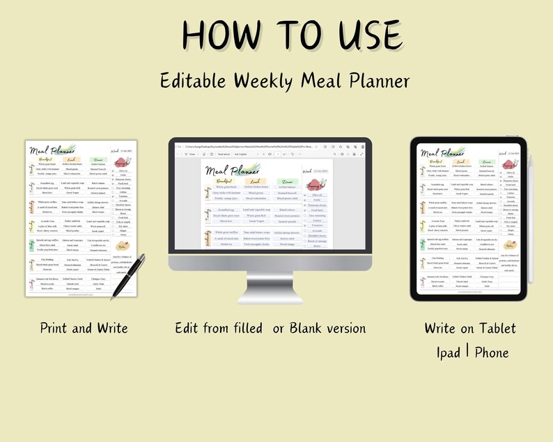 Editable Weekly Meal Planner, Weekly Meal Planner, Fillable Weekly Meal ...
