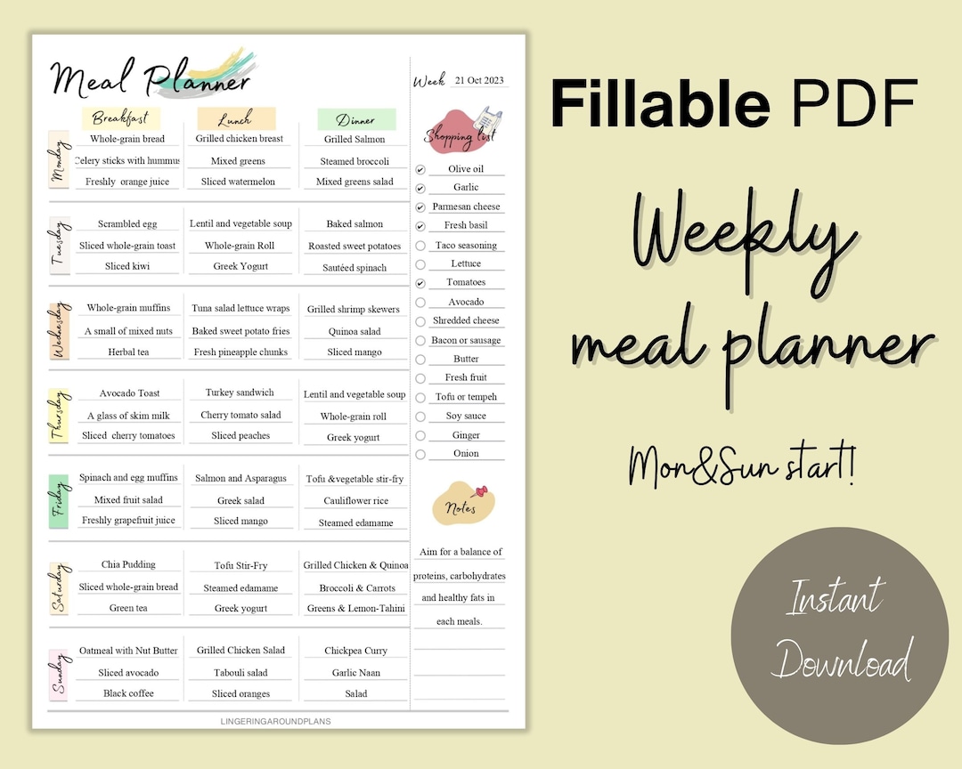 Editable Weekly Meal Planner, Weekly Meal Planner, Fillable Weekly Meal ...