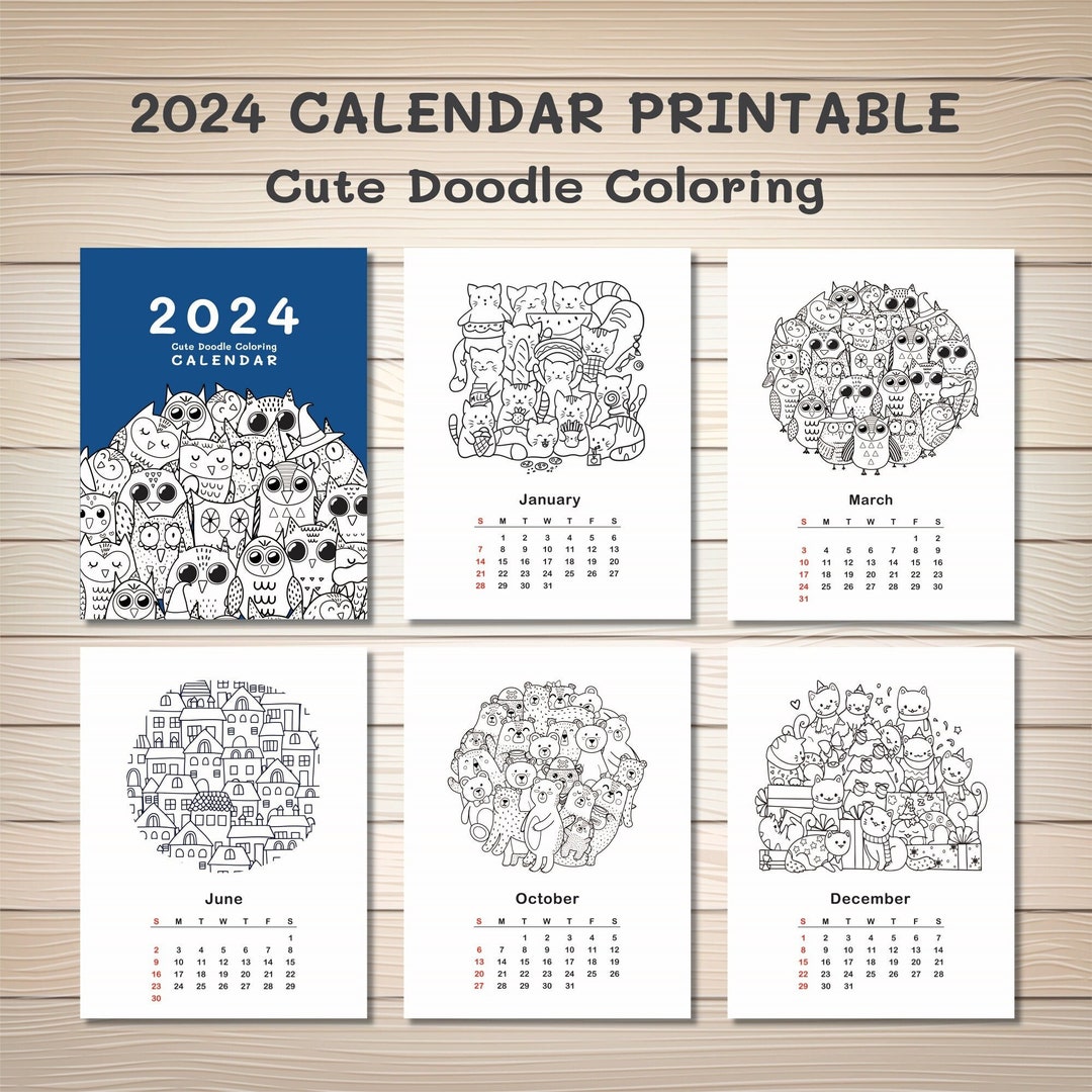 Calendar 2024 Printable | Cute Doodle Coloring - Etsy