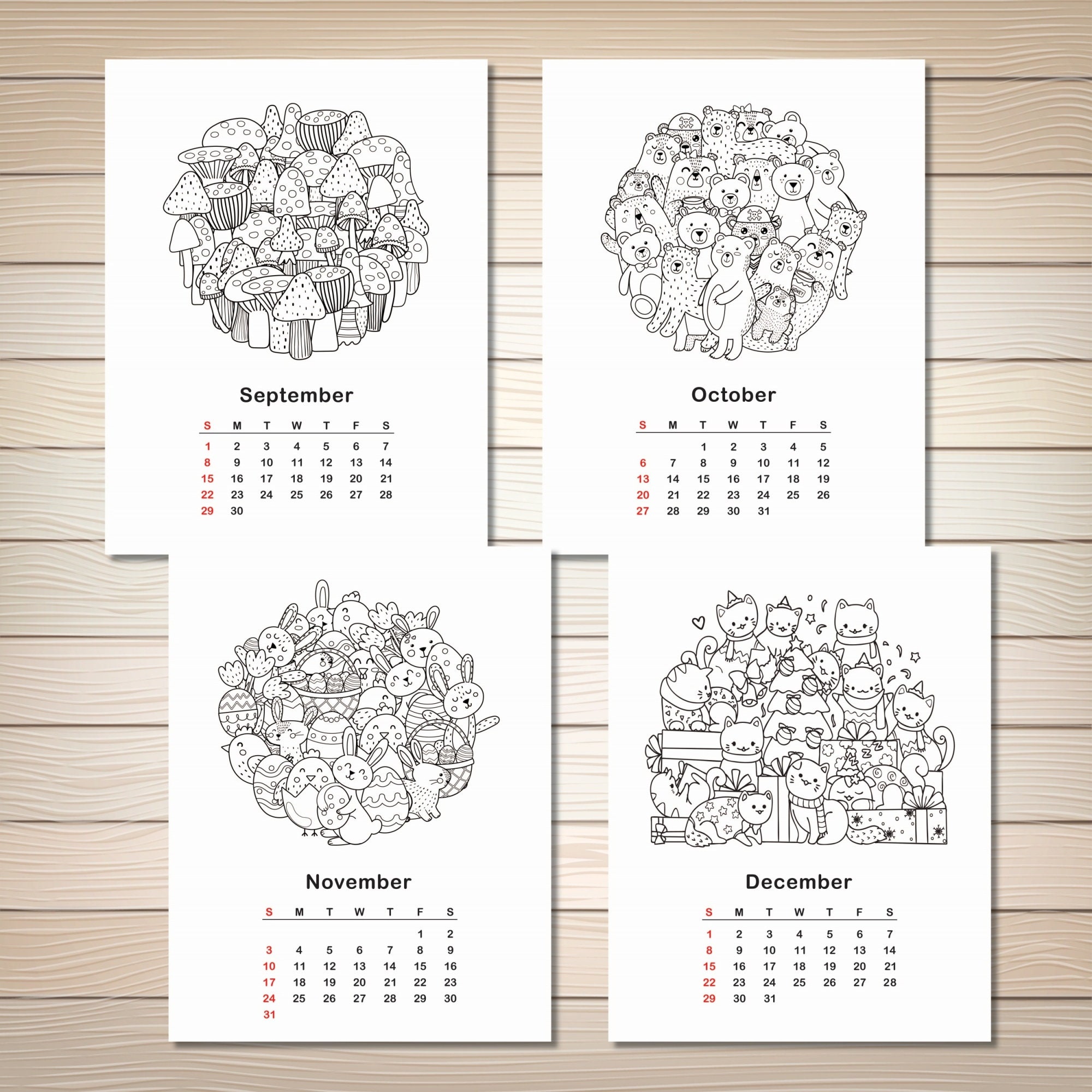Calendar 2024 Printable | Cute Doodle Coloring - Etsy