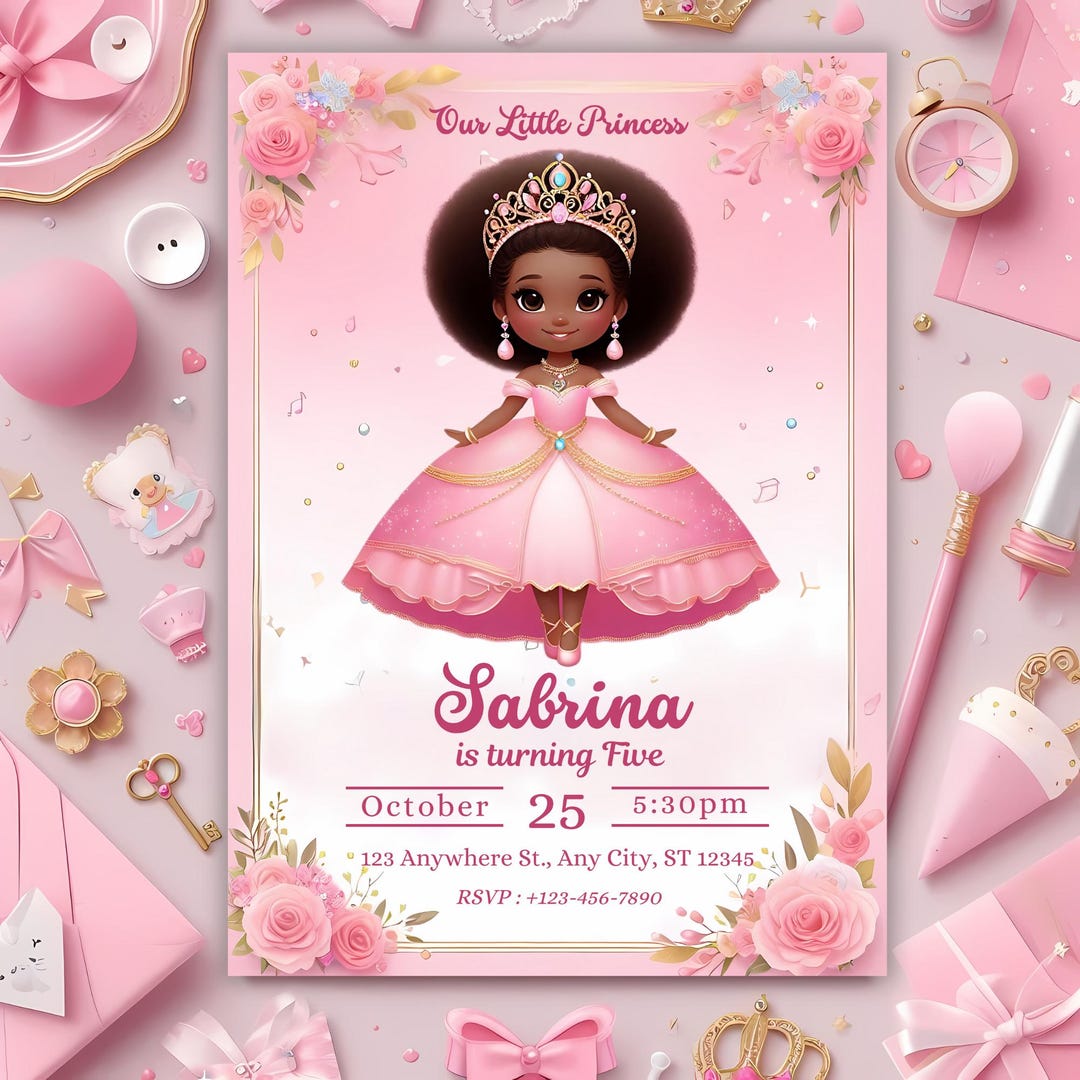 Editable Pink Princess Birthday Invitation, African American Editable ...