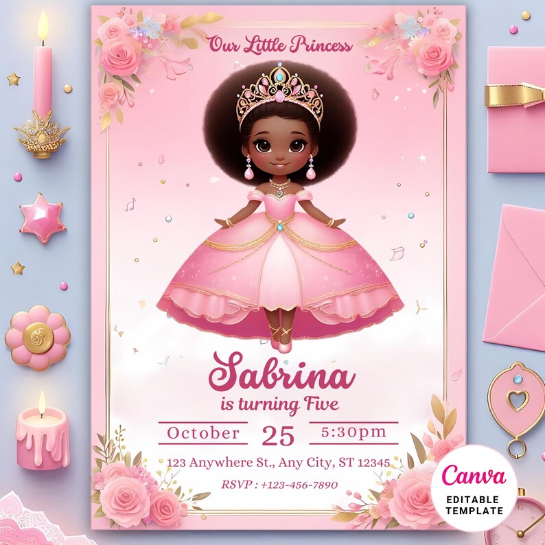 Editable Pink Princess Birthday Invitation, African American Editable ...