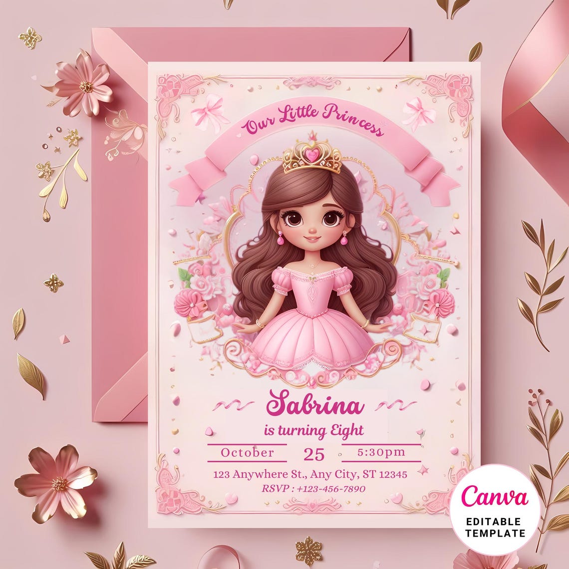 Editable Princess Birthday Invite, Pink Princess Party Invite, Birthday ...