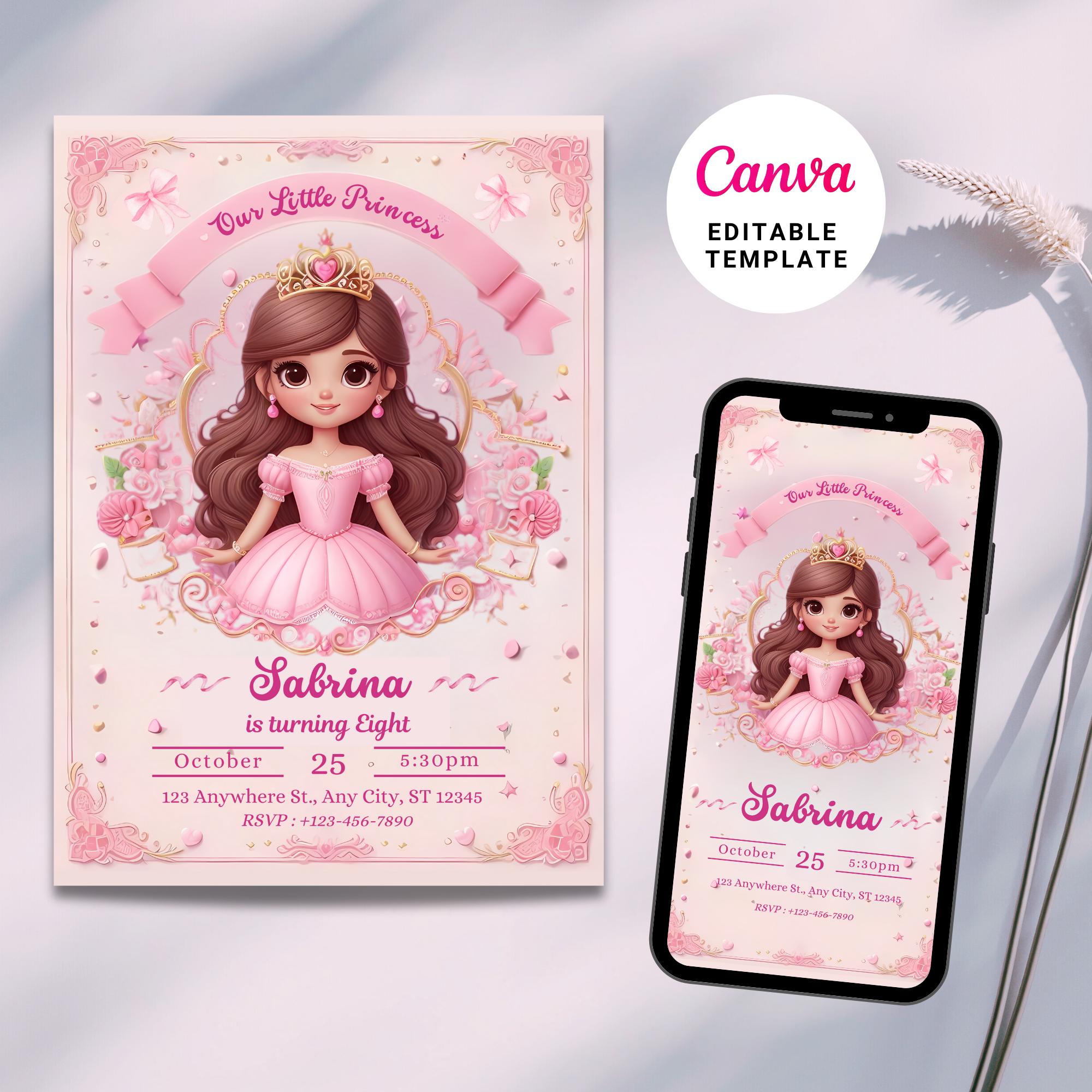 Editable Princess Birthday Invite, Pink Princess Party Invite, Birthday ...