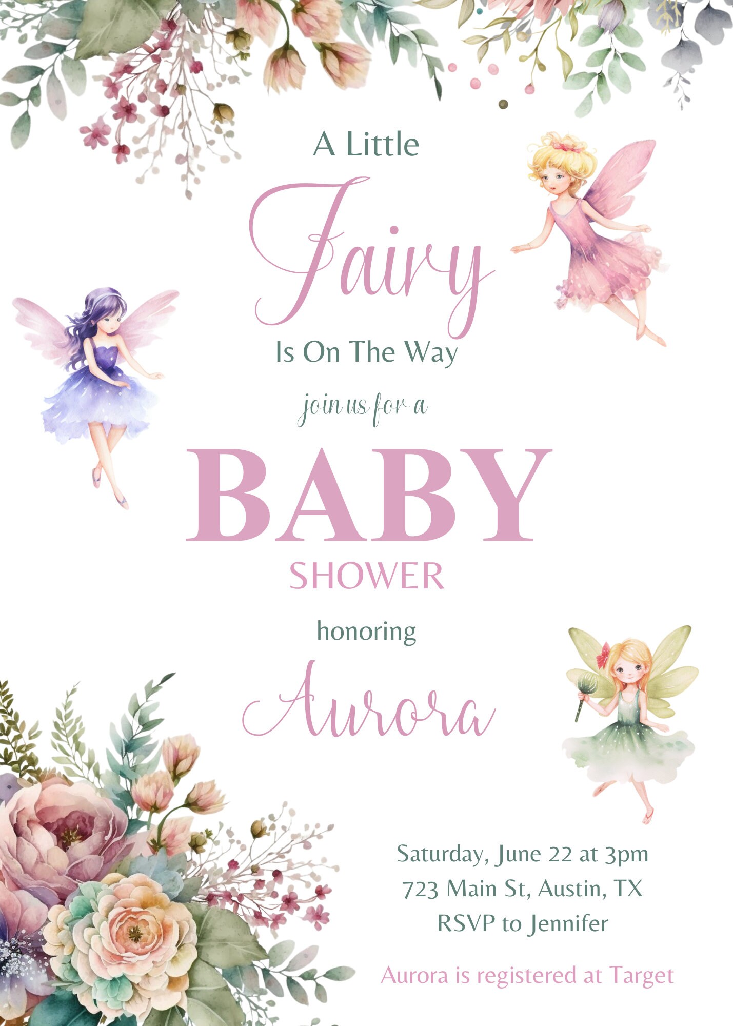 Editable Fairy Baby Shower Digital Invitation, Baby Girl Customizable ...