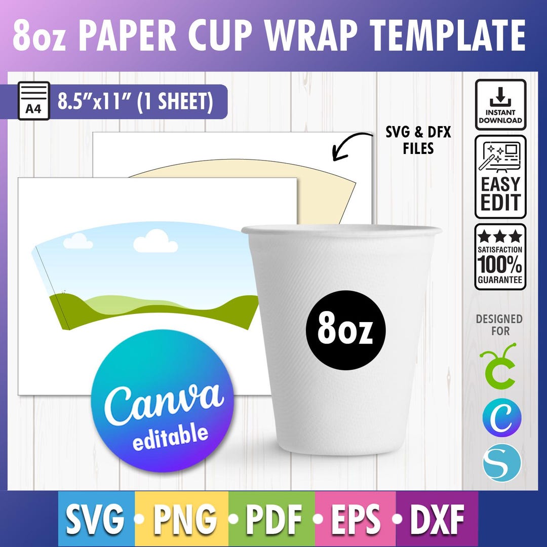 8oz Paper Cup Wrapper Template, Paper Cup Wrapper SVG, Paper Coffee Cup ...