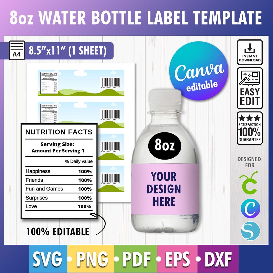 8oz Water Bottle Label Svg, 8OZ Water Bottle Labels Template, Water ...