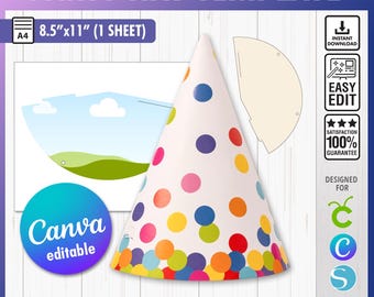 Party Cone Hat Template Svg, Paper Hat Template, No Glue Party Hat Template, Canva Editable ...