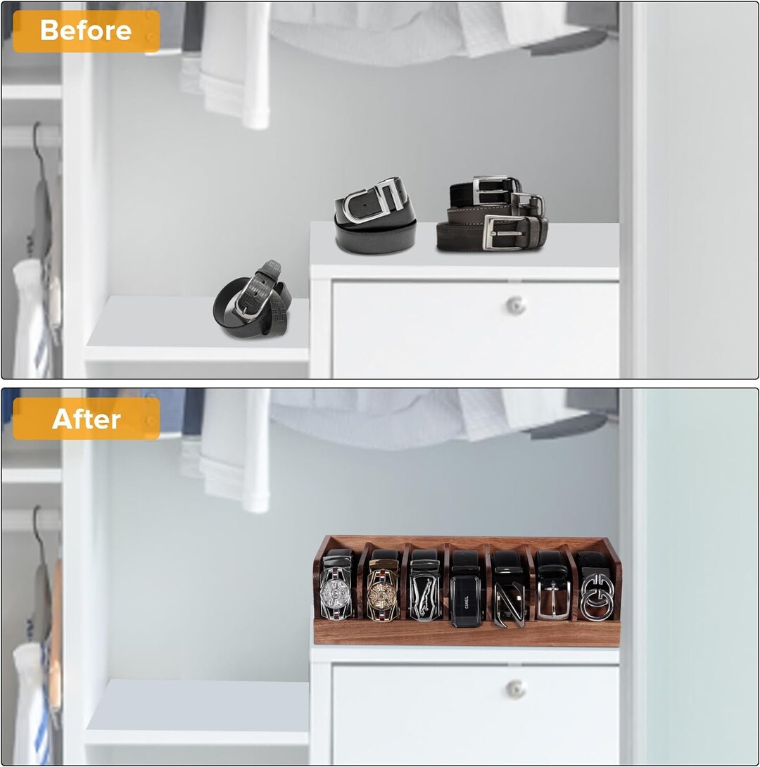 7 Compartment Wood Belt Holder Belt Hanger Closet Organizer Belt ...