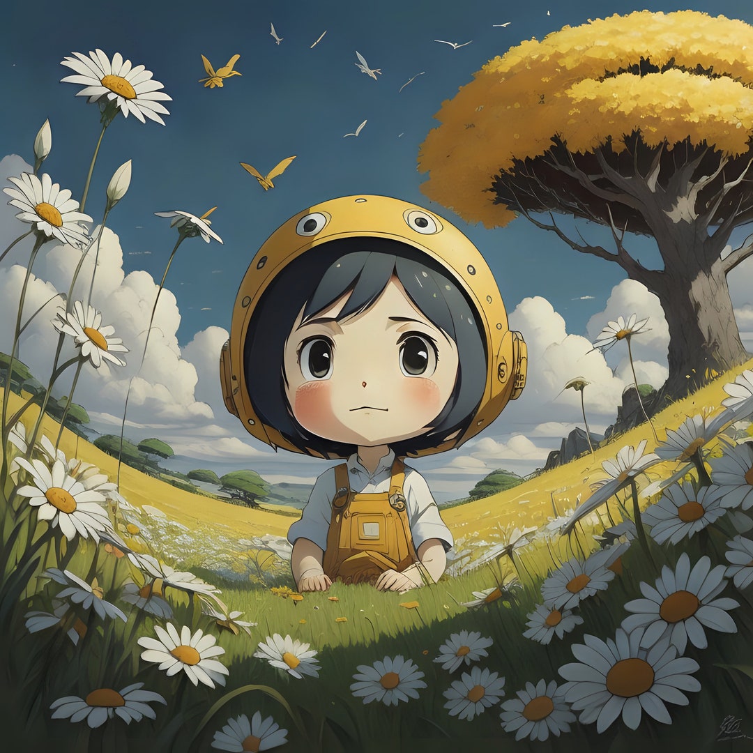 Daisy Adventure Girl Stretched Canvas Digital AI Print, Children's Room ...