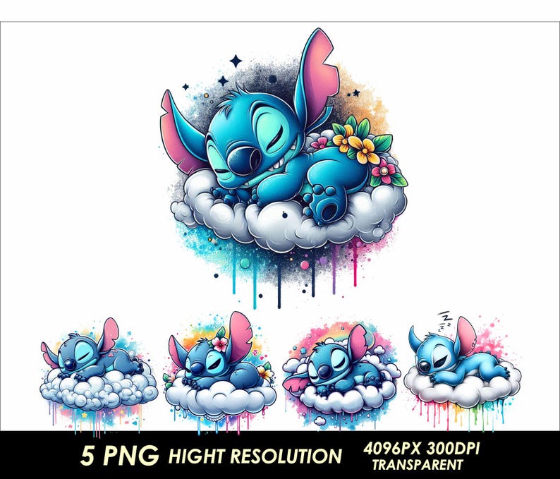 Pacote com 5 imagens PNG do Stitch Sonolento, clipart transparente do ...